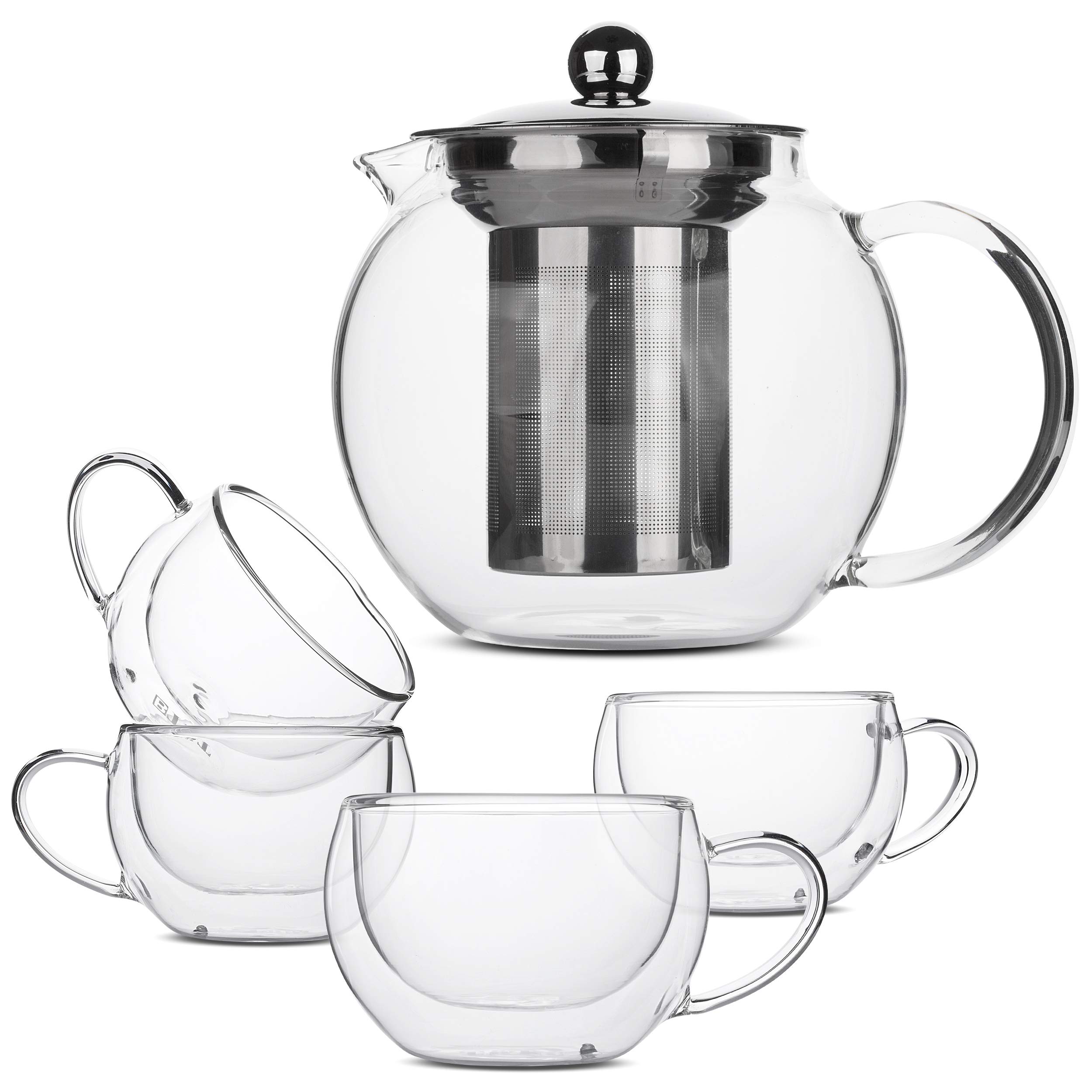 BTaT- Glass Tea Pot Set, Set of 4, Tea Set, Tea Cups, Tea Pot, Glass Tea Cup, Tea Kettles Stovetop, Tea Set for Adults, Glass Tea Kettle, Tea Kettle with Infuser, Double Wall Glass, Glass Tea Mug