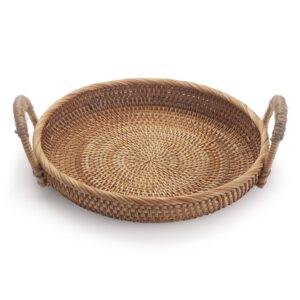 DECRAFTS Rattan Round Fruit Basket for Table Wicker Bread Tray with Handle for Serving Food, Crackers, Snacks (11inch D x 1.8inch H)