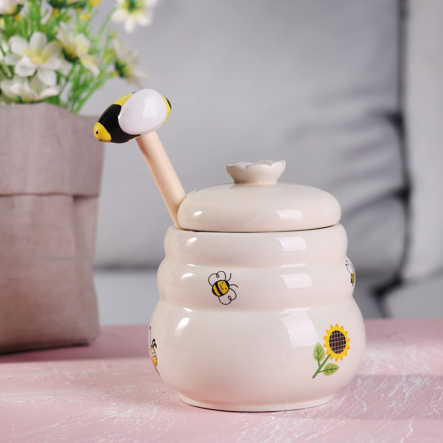 Ceramic Honey Jar with Wooden Honey Dipper-Honey Pot with Dipper- Honey Jar with Stand, Great Bee Decor- Farmhouse Kitchen Decor