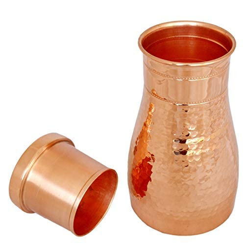 Pure Copper Hammered Design Pitchers And Bedside Carafes With Tumbler Water Bottle Storage With Lid