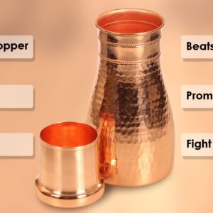 Pure Copper Hammered Design Pitchers And Bedside Carafes With Tumbler Water Bottle Storage With Lid