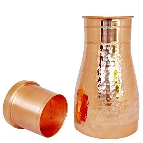 Pure Copper Hammered Design Pitchers And Bedside Carafes With Tumbler Water Bottle Storage With Lid