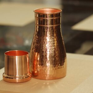 Pure Copper Hammered Design Pitchers And Bedside Carafes With Tumbler Water Bottle Storage With Lid