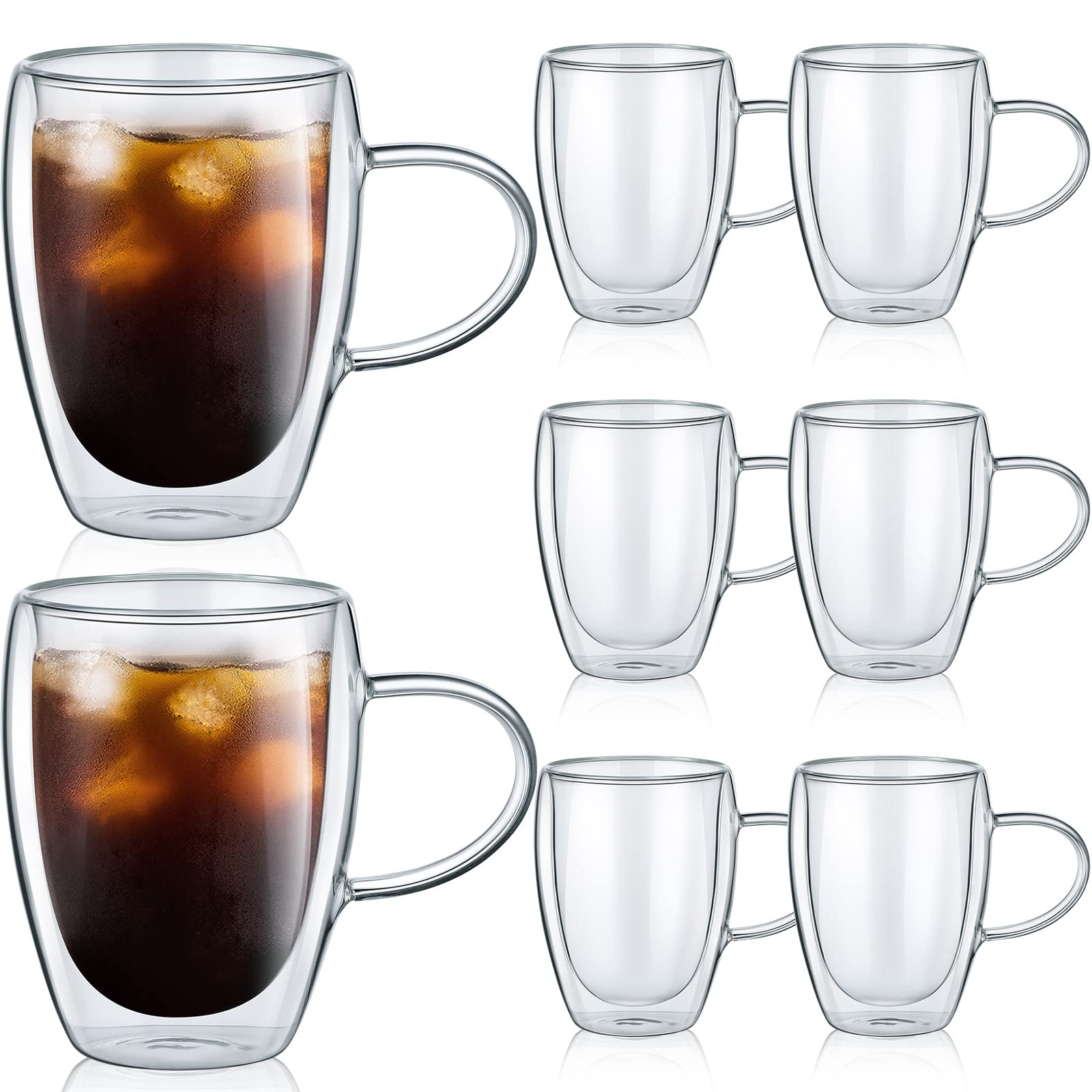 Mimorou 8 Pack 12 oz Double Wall Glass Coffee Mugs Glass Coffee Cups with Handle Insulated Layer Coffee Cups, Clear Borosilicate Glass Mugs