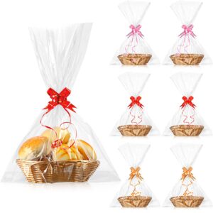 Oval Basket Food Storage Basket Woven Empty Basket Fruit Basket 9 x 6 x 2.25 Inches Present Baskets with Colorful Pull Bows and Clear Bags for Kitchen, Restaurant, Wrapping Presents (6 Pack)