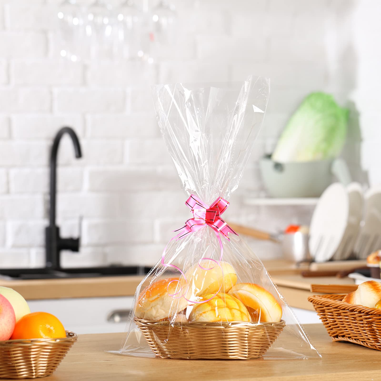 Oval Basket Food Storage Basket Woven Empty Basket Fruit Basket 9 x 6 x 2.25 Inches Present Baskets with Colorful Pull Bows and Clear Bags for Kitchen, Restaurant, Wrapping Presents (6 Pack)