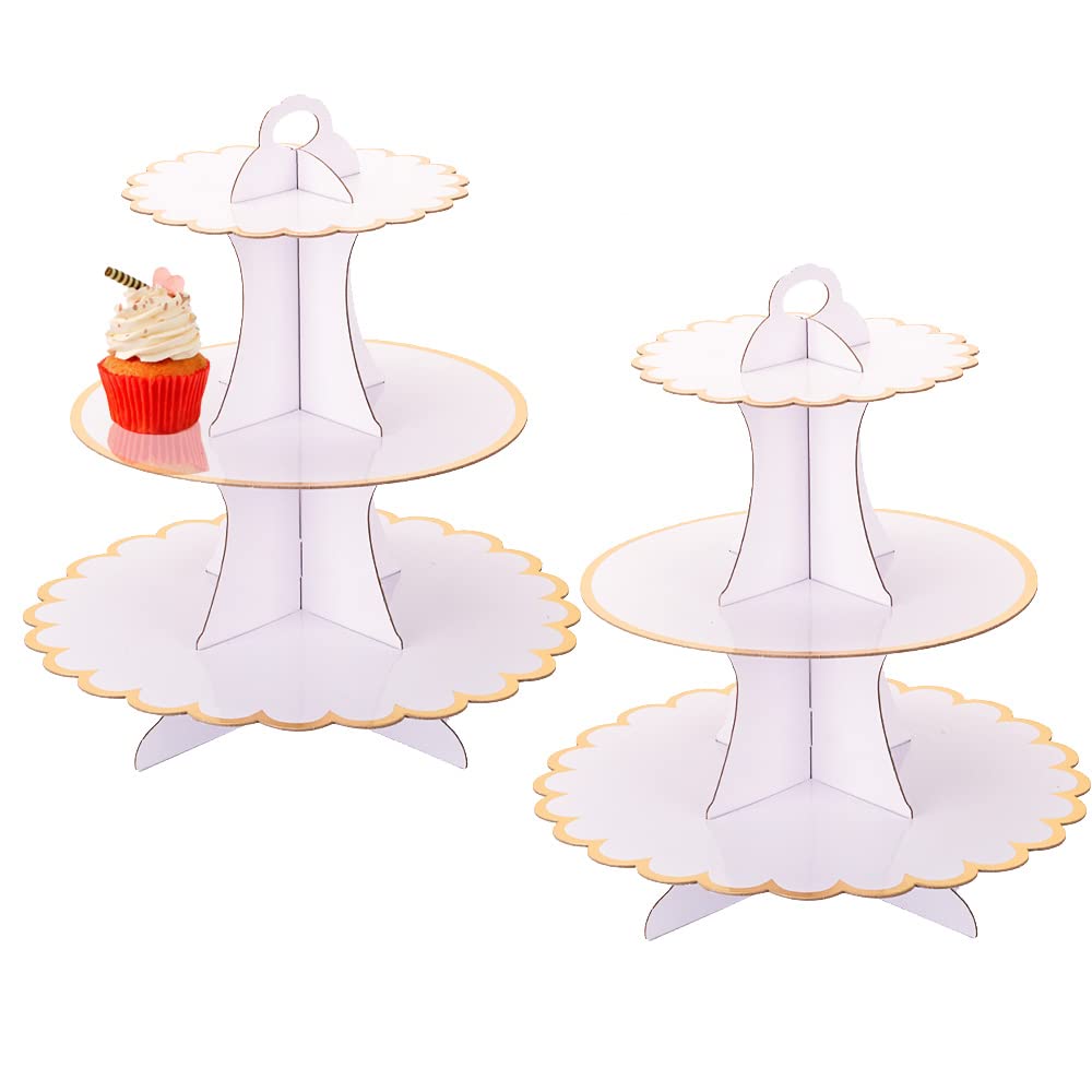 MRPAPA White Tiered Cupcake Stand 2 Pack, 3 Tier Serving Tray for Party Decor, Cup Cake Tower Holder for 24 Cupcakes, Dessert Holder for for Birthday Graduation Baby Shower Tea Party (White)