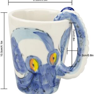 3D Coffee Mug, Handmade Hand Painted Creative Art Mug Ceramic Milk Cups Travel Mug Ocean Octopus Squid Style with Octopus Tentacles Beard Handle Christmas gift