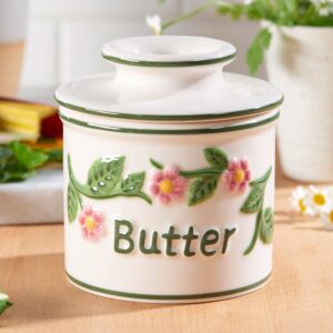 Butter Bell - The Original Butter Bell crock by L Tremain, a Countertop French Ceramic Butter Dish Keeper for Spreadable Butter, La Fleur Collection (Hand Painted Raised Floral)