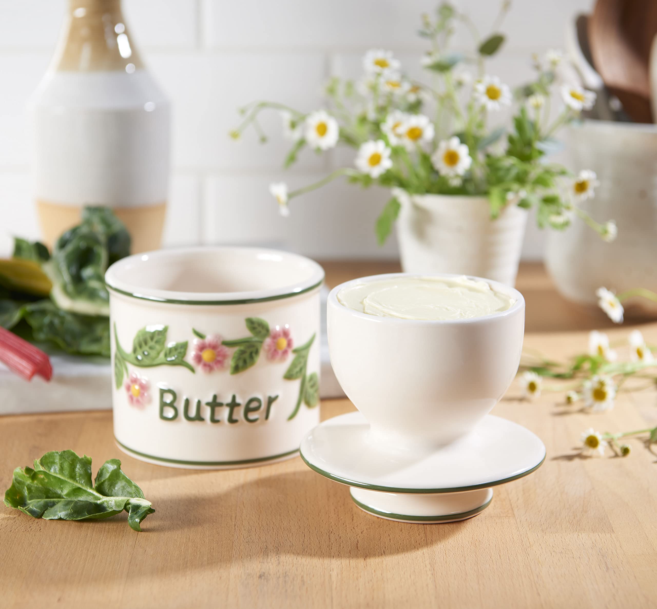 Butter Bell - The Original Butter Bell crock by L Tremain, a Countertop French Ceramic Butter Dish Keeper for Spreadable Butter, La Fleur Collection (Hand Painted Raised Floral)