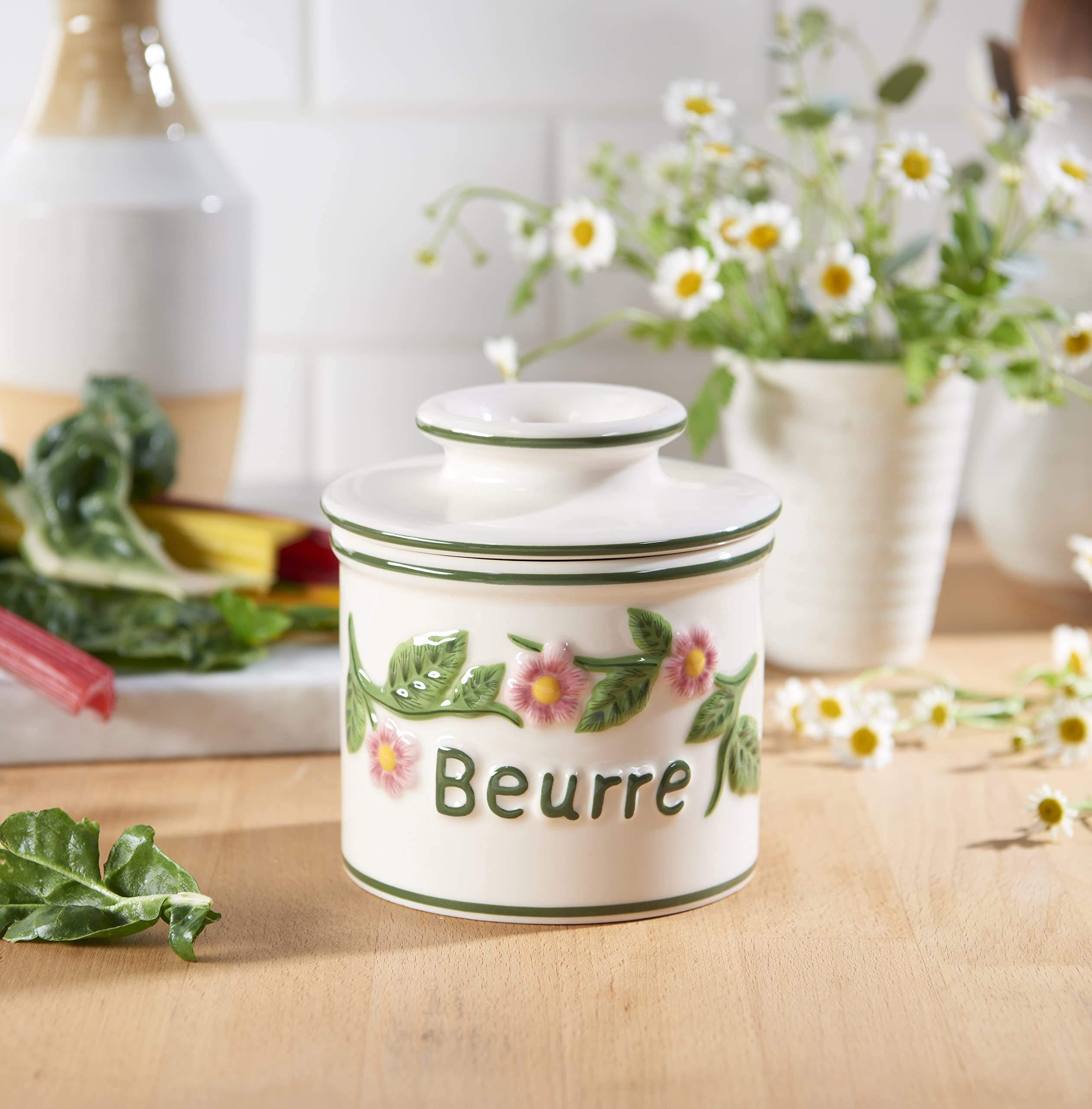 Butter Bell - The Original Butter Bell crock by L Tremain, a Countertop French Ceramic Butter Dish Keeper for Spreadable Butter, La Fleur Collection (Hand Painted Raised Floral)