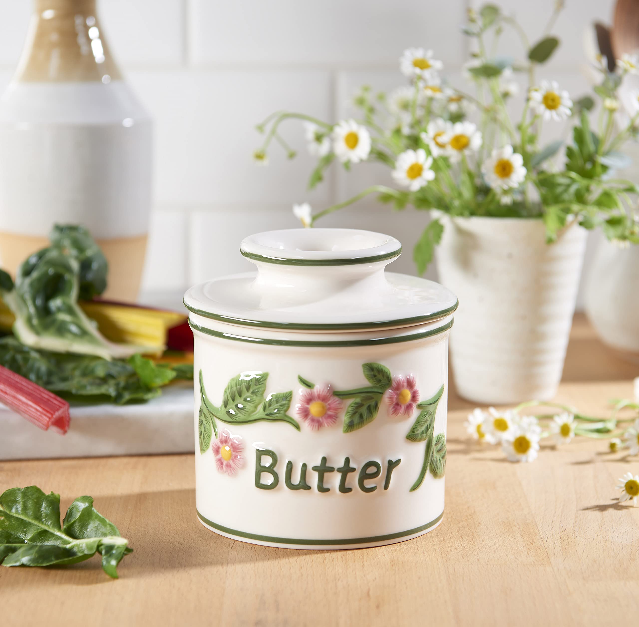 Butter Bell - The Original Butter Bell crock by L Tremain, a Countertop French Ceramic Butter Dish Keeper for Spreadable Butter, La Fleur Collection (Hand Painted Raised Floral)