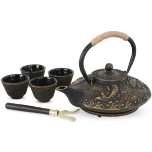 ufine koi fish cast iron teapot set stove top tea kettle with 4 cups japanese style tetsubin tea gift set, 26 oz with stainless steel infuser