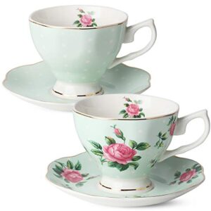 btat- floral tea cups and saucers, set of 2, 8oz, with gold trim and gift box, coffee cups, floral tea cup set, british tea cups, porcelain tea set, tea sets for women