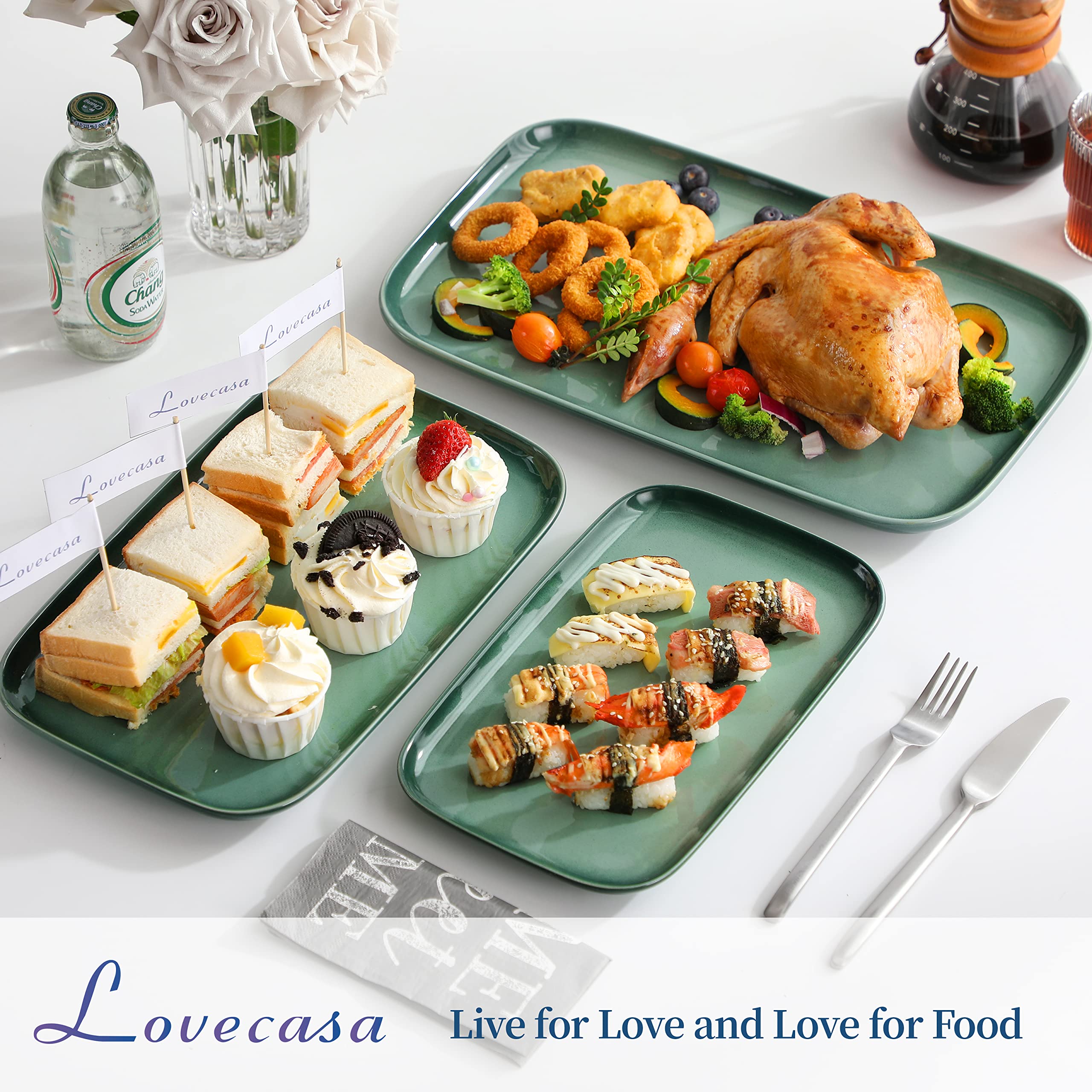 LOVECASA Serving Platters and Trays Set,Large Trays for Serving Food,Ceramic Serving Plates for Entertaining,15"/13"/11" Serving Dishes Set of 3 for Party-Mircowave,Dishwasher Safe(Green)