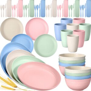 64 pcs wheat straw dinnerware sets unbreakable dinnerware set plastic dishes set reusable lightweight rv camping bowls dishes plates cups set microwave safe dinnerware for kitchen indoor