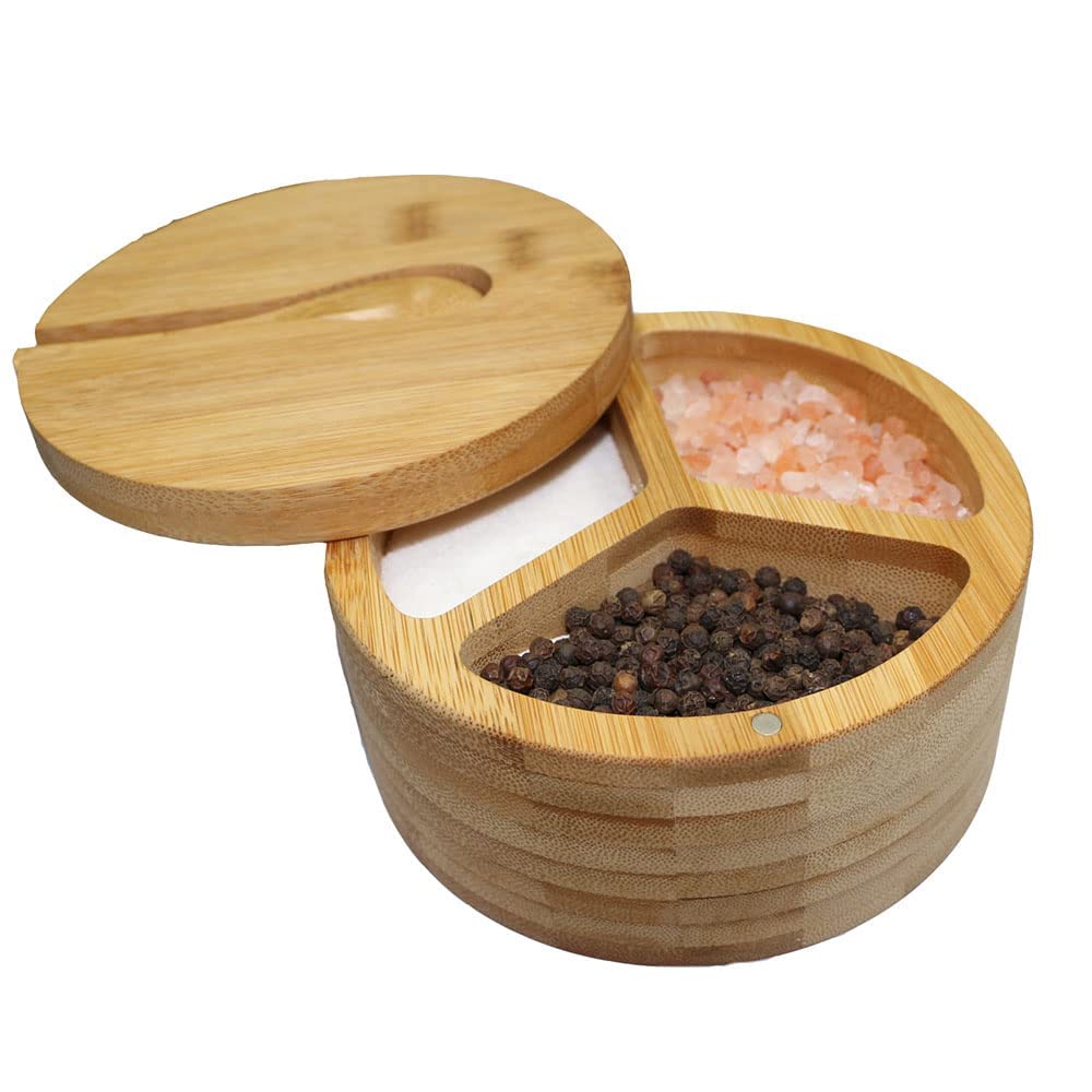 JUSTEMI Bamboo Salt and Pepper Box, 3 Compartment Salt and Pepper Cellar, Salt and Pepper Bowls With Lid and Spoon,Spice Condiment Holder for Kitchen