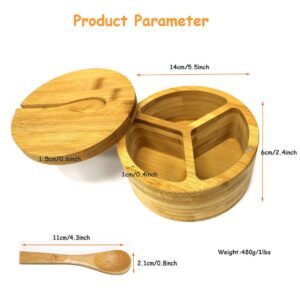 JUSTEMI Bamboo Salt and Pepper Box, 3 Compartment Salt and Pepper Cellar, Salt and Pepper Bowls With Lid and Spoon,Spice Condiment Holder for Kitchen