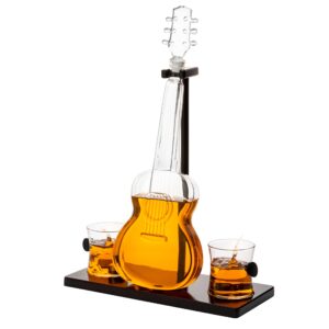 guitar whiskey & wine decanter & mahogany base - the wine savant 1000 ml glass decanter with 2 10oz glasses 14" for whiskey music lover & guitar player gifts musician music lovers