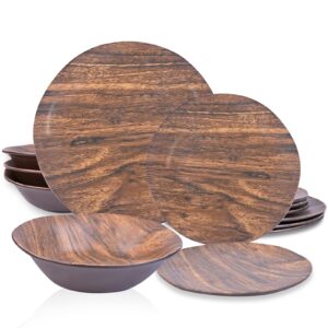 Melamine Dinnerware Sets ​Clearance - 12 pcs Melamine Plates Indoor and Outdoor use Wood Grain Plates and Bowls Dinnerware Sets Summer Fall Camping Dish Set for 4 Dishwasher Safe (Brown)