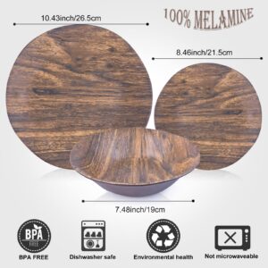 Melamine Dinnerware Sets ​Clearance - 12 pcs Melamine Plates Indoor and Outdoor use Wood Grain Plates and Bowls Dinnerware Sets Summer Fall Camping Dish Set for 4 Dishwasher Safe (Brown)