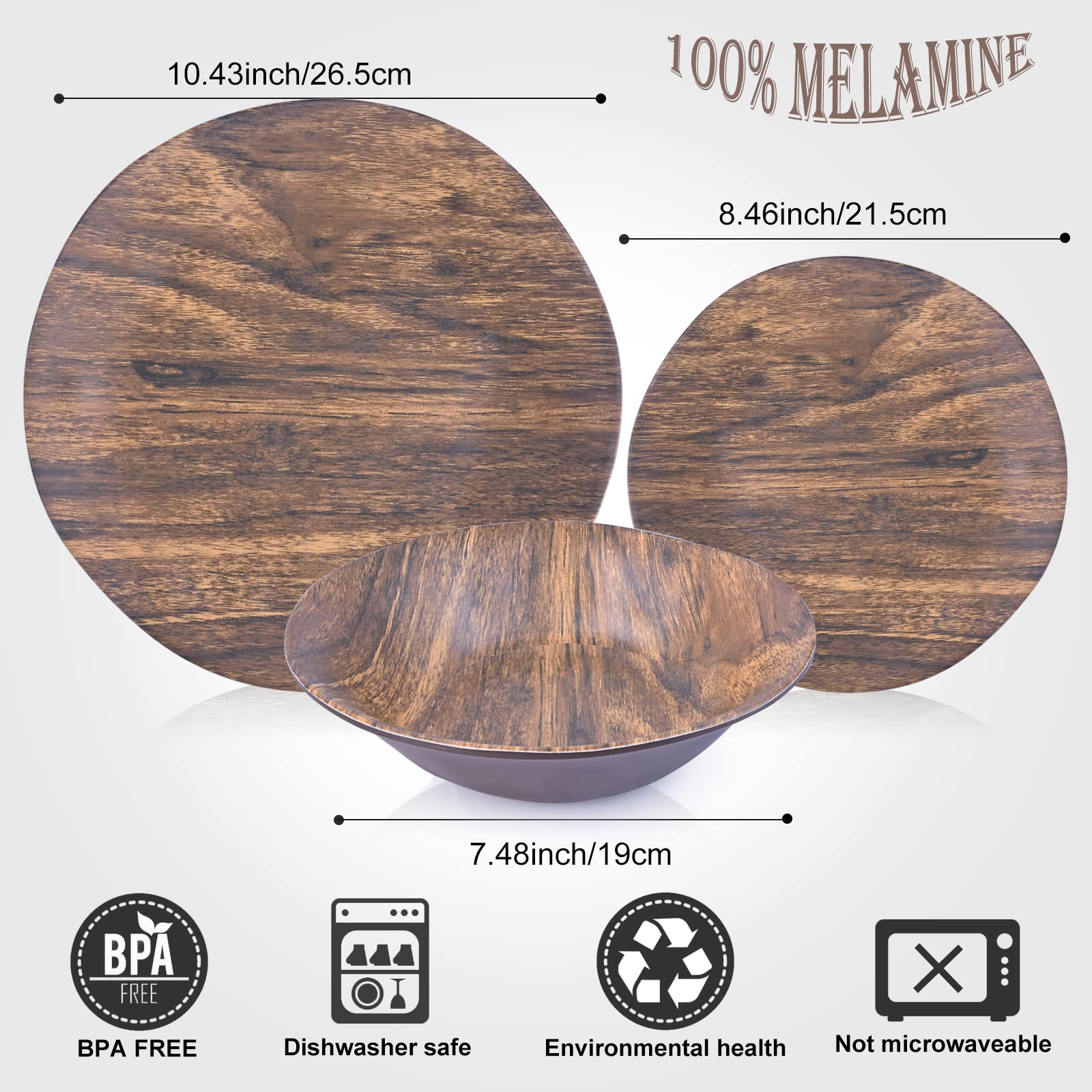 Melamine Dinnerware Sets ​Clearance - 12 pcs Melamine Plates Indoor and Outdoor use Wood Grain Plates and Bowls Dinnerware Sets Summer Fall Camping Dish Set for 4 Dishwasher Safe (Brown)