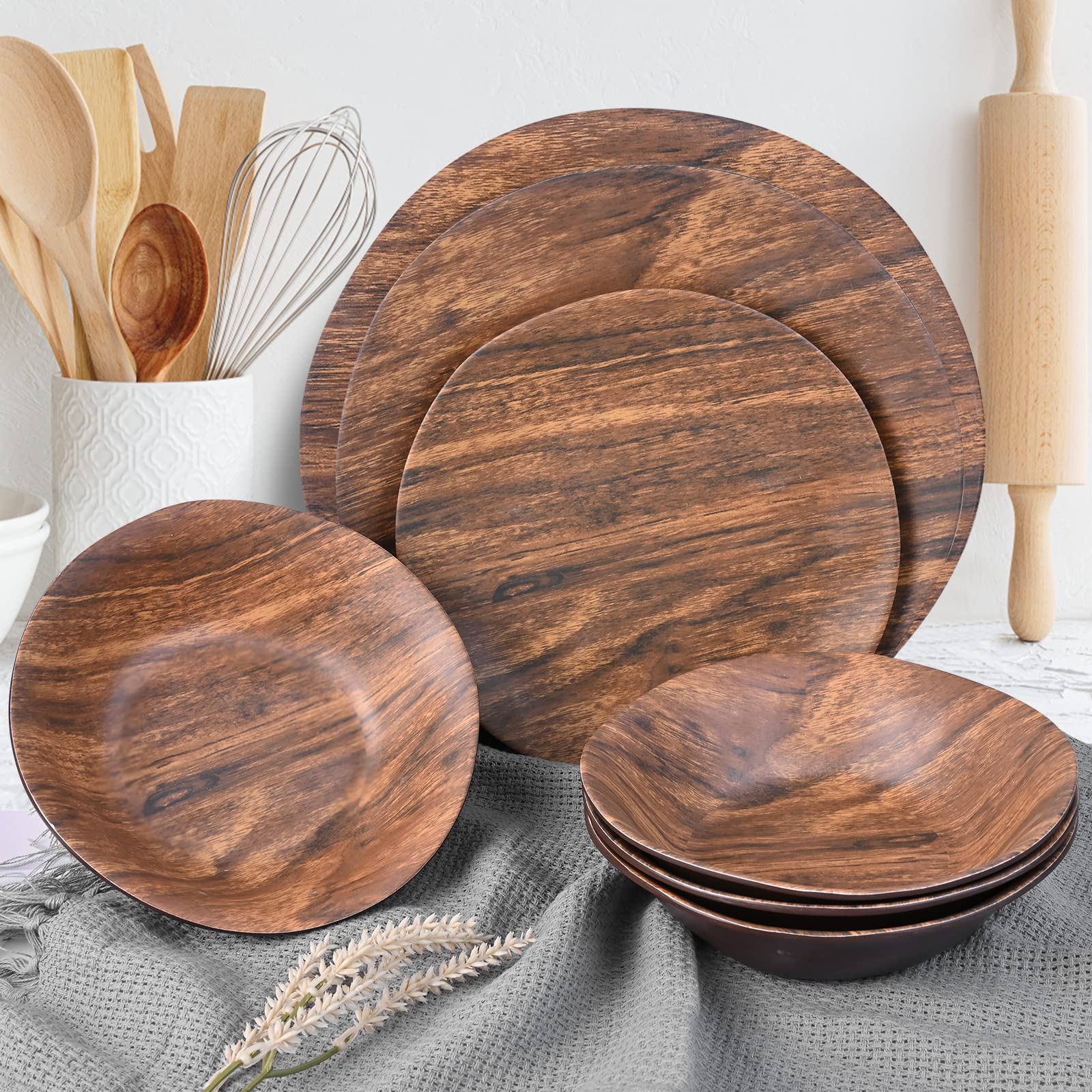 Melamine Dinnerware Sets ​Clearance - 12 pcs Melamine Plates Indoor and Outdoor use Wood Grain Plates and Bowls Dinnerware Sets Summer Fall Camping Dish Set for 4 Dishwasher Safe (Brown)