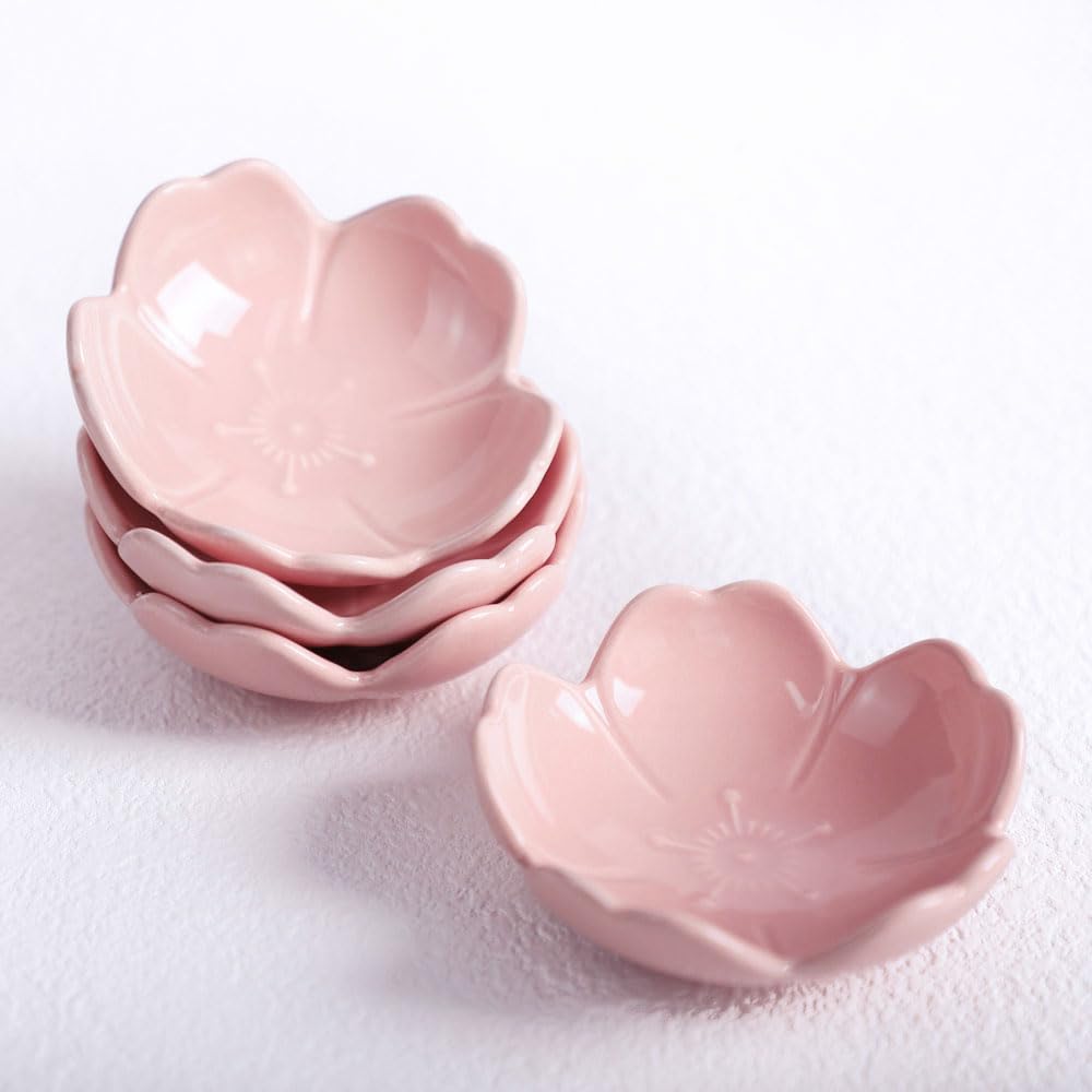 FUYU 4pcs Sakura Shaped Ceramics Seasoning Dishes Spice Dishes Salad Soy Sushi Wasabi Dipping Bowls, Tea Bag Holders