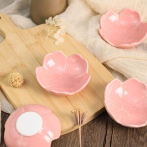 FUYU 4pcs Sakura Shaped Ceramics Seasoning Dishes Spice Dishes Salad Soy Sushi Wasabi Dipping Bowls, Tea Bag Holders