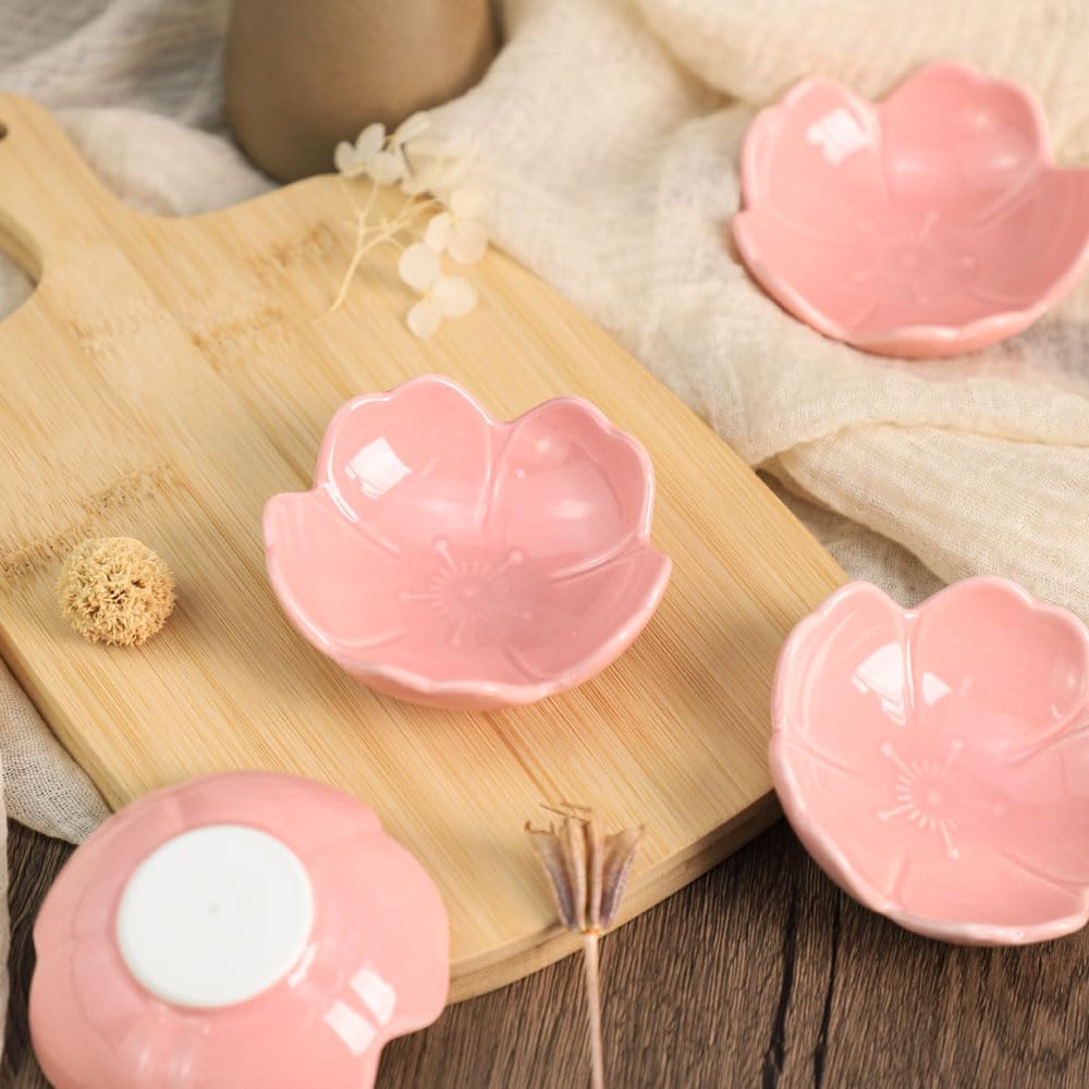 FUYU 4pcs Sakura Shaped Ceramics Seasoning Dishes Spice Dishes Salad Soy Sushi Wasabi Dipping Bowls, Tea Bag Holders