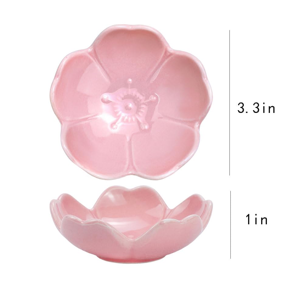 FUYU 4pcs Sakura Shaped Ceramics Seasoning Dishes Spice Dishes Salad Soy Sushi Wasabi Dipping Bowls, Tea Bag Holders