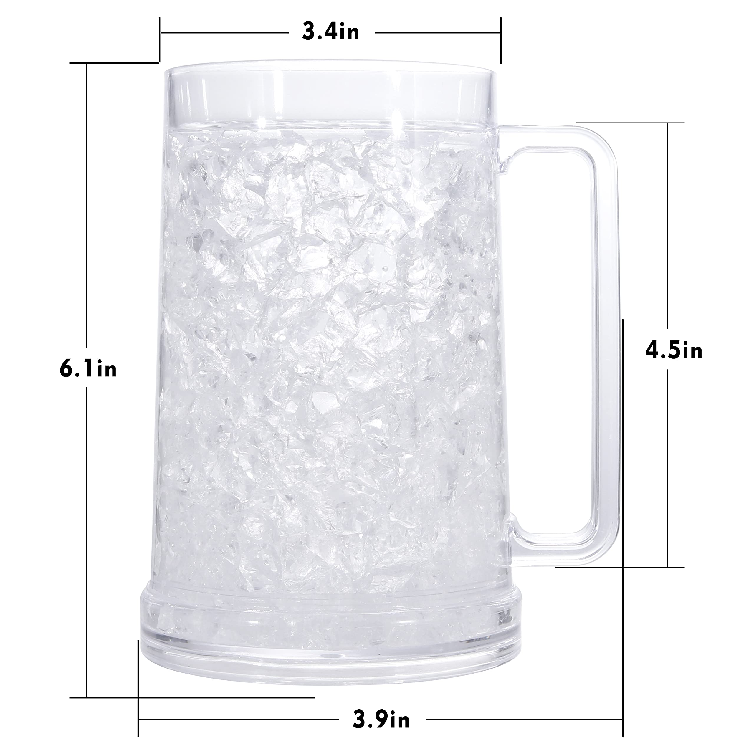 Patiomos Drinking Glasses Cups, Double Wall Gel Freezer Beer Mugs, Freezer Ice Mugs Cups, 16oz, Plastic Cooling Beer Mug Clear Set of 3 (Clear)