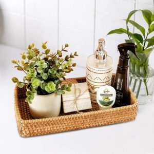 Real Handwoven Rattan Tray with Handmade Wooden Beads Garland, Decorative Tray, Coffee Table Tray or Bathroom Tray, Ottoman Tray Ideal for Home Decoration, Rectangular Serving Tray, Wicker Tray