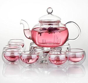 jusalpha 11 pc-glass filtering tea maker teapot with a warmer and 6 tea cups set (version 2, 27-oz)