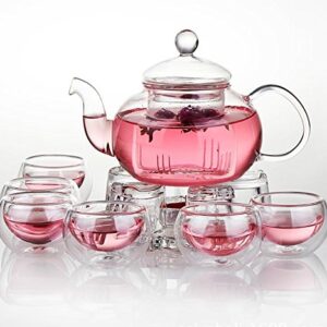 Jusalpha 11 PC-Glass Filtering Tea Maker Teapot with a Warmer and 6 Tea Cups Set (Version 2, 27-Oz)