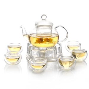 Jusalpha 11 PC-Glass Filtering Tea Maker Teapot with a Warmer and 6 Tea Cups Set (Version 2, 27-Oz)