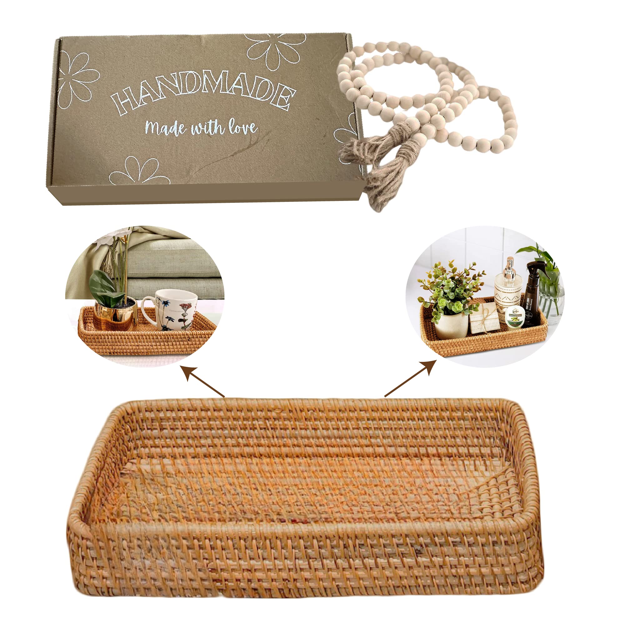 Real Handwoven Rattan Tray with Handmade Wooden Beads Garland, Decorative Tray, Coffee Table Tray or Bathroom Tray, Ottoman Tray Ideal for Home Decoration, Rectangular Serving Tray, Wicker Tray