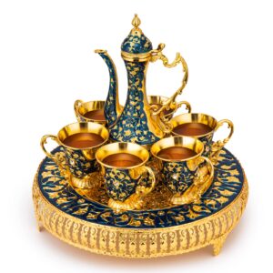 vintage extra large turkish coffee & tea pot set for 6 by gute with large crystal tray & teapot gold with swarovski style crystals (blue) 480ml - 6 vintage moroccan tea glasses 230ml teacups gold