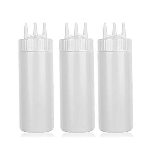 beyonday 3pcs Seasoning Squeeze Bottles, 3 Hole Ketchup Mustard Dressing Squeeze Squirt Bottles, Salad Sauce Condiment Cream Squeeze Bottles for Kitchen Restaurant Bakery(24oz, White)