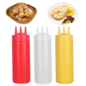 beyonday 3pcs Seasoning Squeeze Bottles, 3 Hole Ketchup Mustard Dressing Squeeze Squirt Bottles, Salad Sauce Condiment Cream Squeeze Bottles for Kitchen Restaurant Bakery(24oz, White)