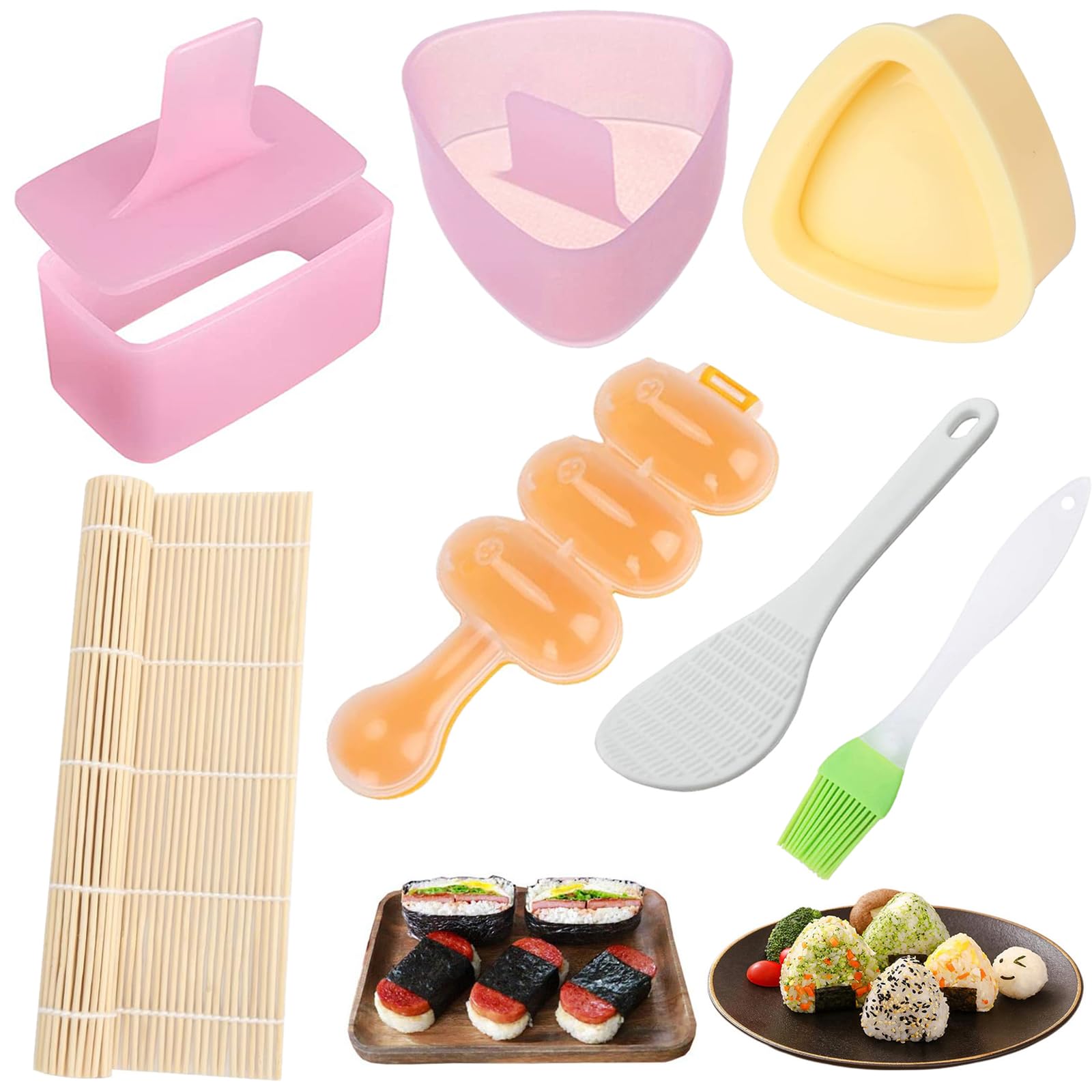 7 Pack Onigiri Mold, Rice Mold Musubi Maker Kit, Non Stick Spam Musubi Maker Press Rice Ball Mold Shake Sushi Maker Tool for Kids Bento Lunch and Home DIY (Triangle & Musubi)