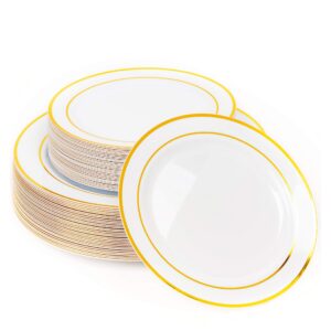 matana 60 pc reusable gold plastic plates with white gold rim - 30 dinner plates 10.25" inch, 30 salad dessert appetizer plates 7.5" inch, heavy duty, elegant, premium for parties, wedding & events