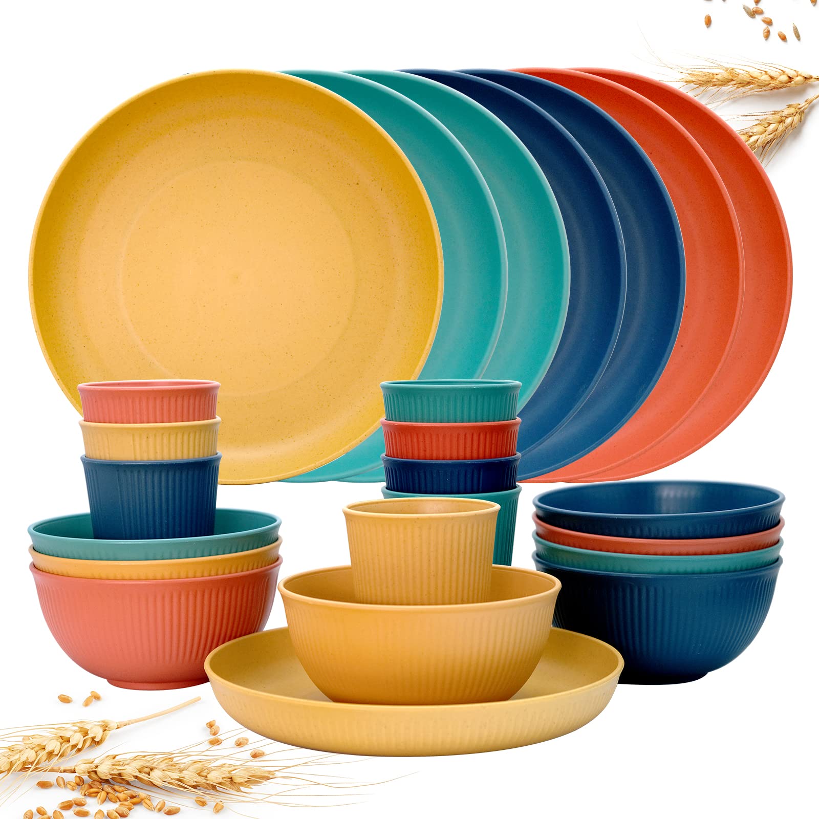 Wheat Straw Dinnerware Sets for 8, Osonm 24PCS Unbreakable Reusable Plastic Plates Bowls Cups Set, Dishwasher Microwave Safe Dishes Set for Camping, RV, Picnic, Kitchen, Dorm (Multicolor)