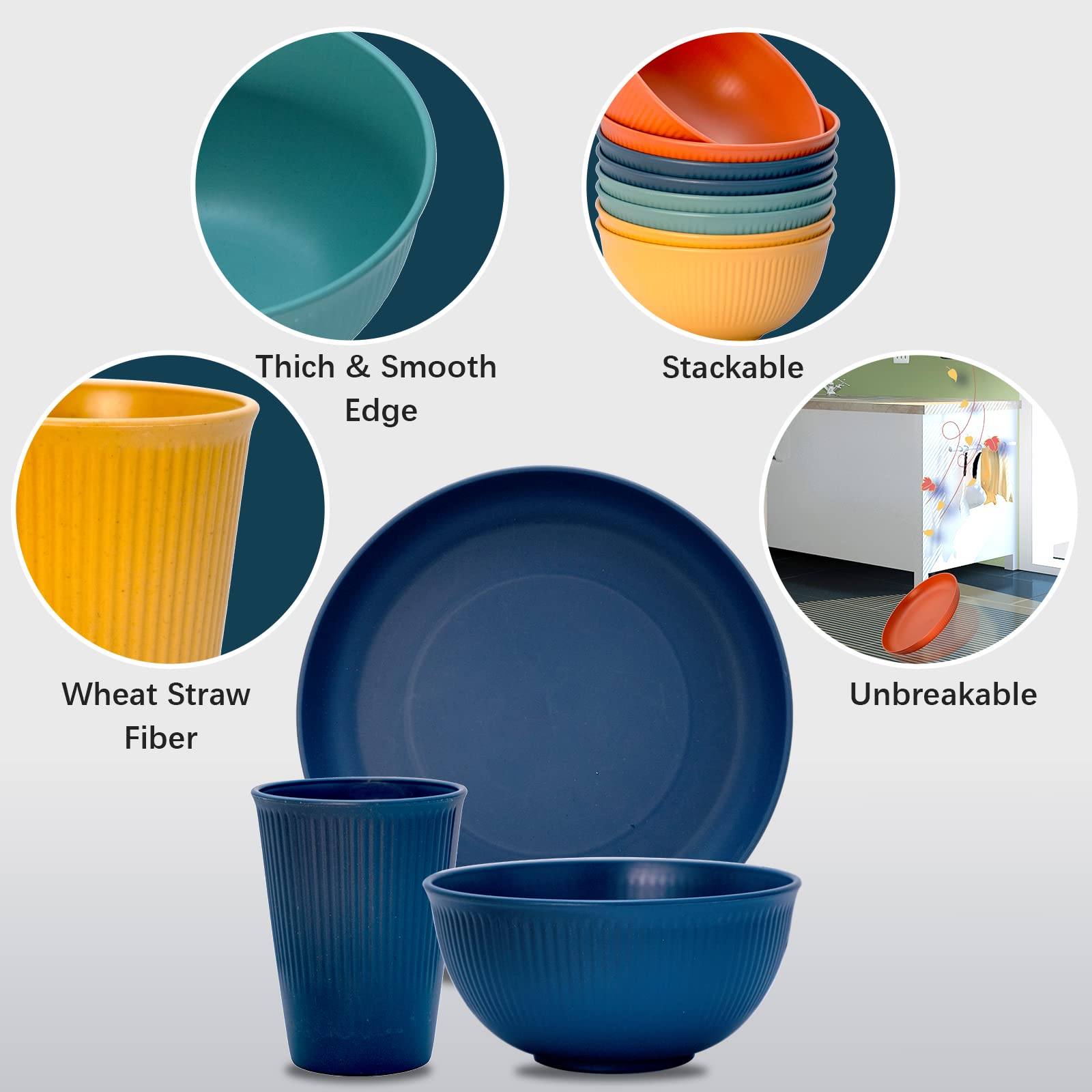 Wheat Straw Dinnerware Sets for 8, Osonm 24PCS Unbreakable Reusable Plastic Plates Bowls Cups Set, Dishwasher Microwave Safe Dishes Set for Camping, RV, Picnic, Kitchen, Dorm (Multicolor)