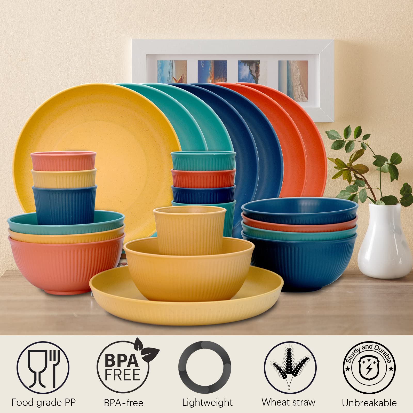 Wheat Straw Dinnerware Sets for 8, Osonm 24PCS Unbreakable Reusable Plastic Plates Bowls Cups Set, Dishwasher Microwave Safe Dishes Set for Camping, RV, Picnic, Kitchen, Dorm (Multicolor)