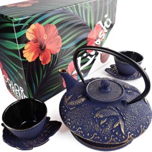 KIYOSHI Luxury 7PC Japanese Tea Set."Midnight Blue Koi" Cast Iron Tea Pot with 2 Tea Cups, 2 Saucers, Loose Leaf Tea Infuser and Teapot Trivet. Ceremonial Matcha Accessories