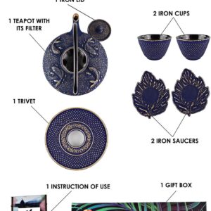 KIYOSHI Luxury 7PC Japanese Tea Set."Midnight Blue Koi" Cast Iron Tea Pot with 2 Tea Cups, 2 Saucers, Loose Leaf Tea Infuser and Teapot Trivet. Ceremonial Matcha Accessories