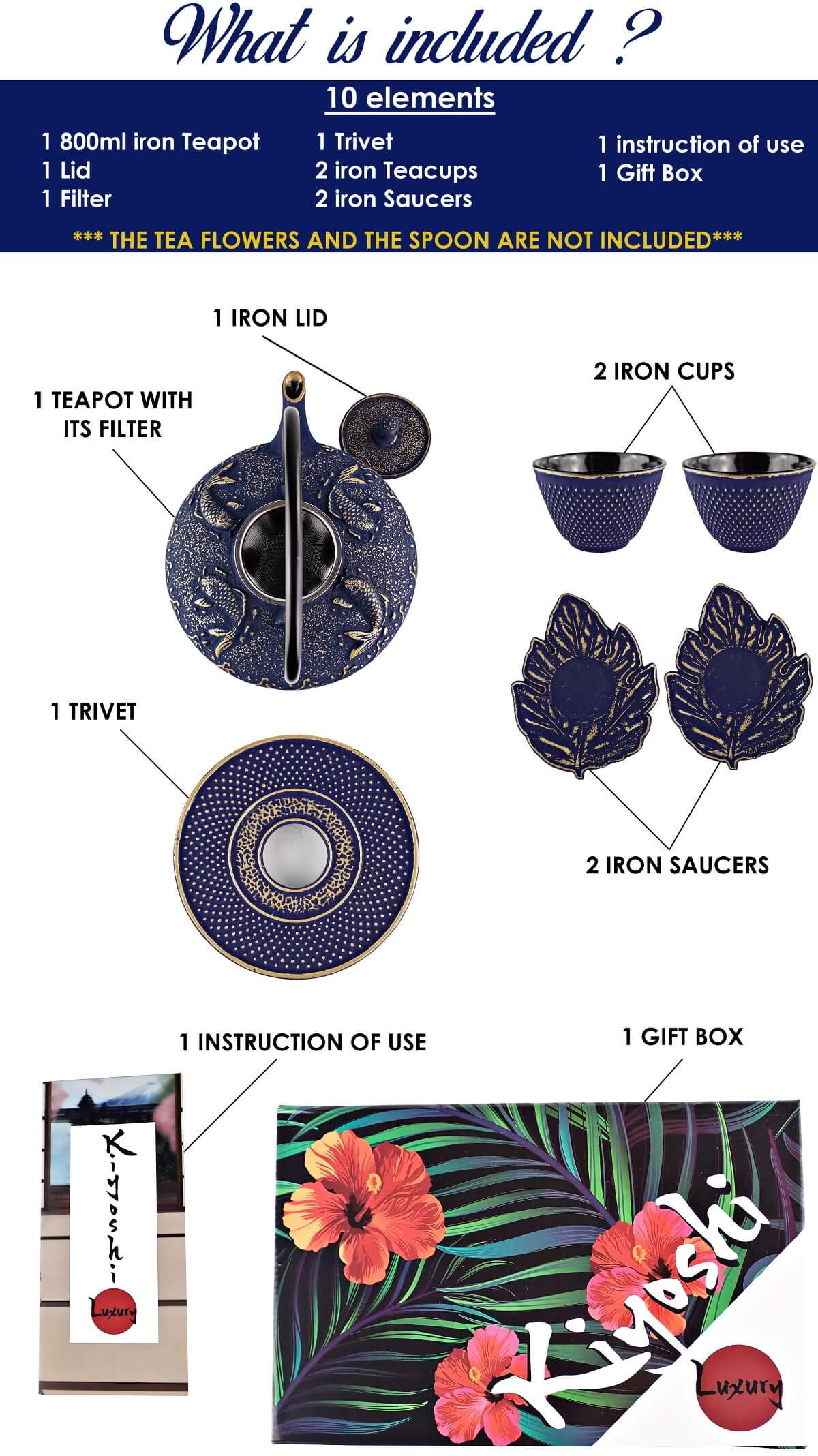 KIYOSHI Luxury 7PC Japanese Tea Set."Midnight Blue Koi" Cast Iron Tea Pot with 2 Tea Cups, 2 Saucers, Loose Leaf Tea Infuser and Teapot Trivet. Ceremonial Matcha Accessories