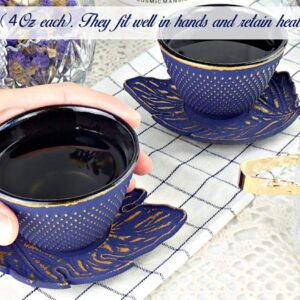 KIYOSHI Luxury 7PC Japanese Tea Set."Midnight Blue Koi" Cast Iron Tea Pot with 2 Tea Cups, 2 Saucers, Loose Leaf Tea Infuser and Teapot Trivet. Ceremonial Matcha Accessories