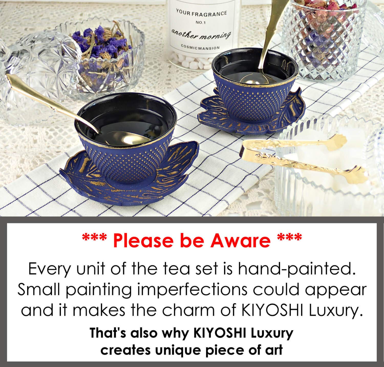 KIYOSHI Luxury 7PC Japanese Tea Set."Midnight Blue Koi" Cast Iron Tea Pot with 2 Tea Cups, 2 Saucers, Loose Leaf Tea Infuser and Teapot Trivet. Ceremonial Matcha Accessories